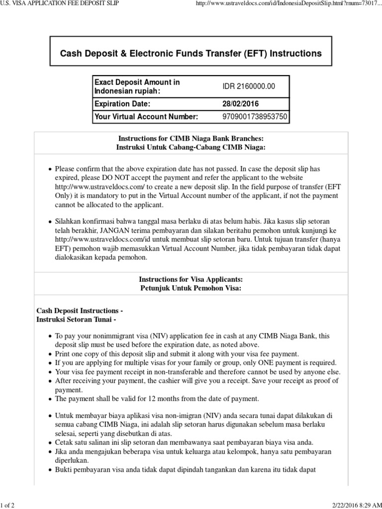 U.S. Visa Application Fee Deposit Slip | PDF | Pembayaran | Rekening ...