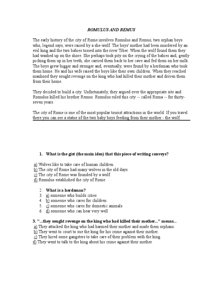 ROMULUS and REMUS - Reading and Writig Activities | PDF | Romulus And ...