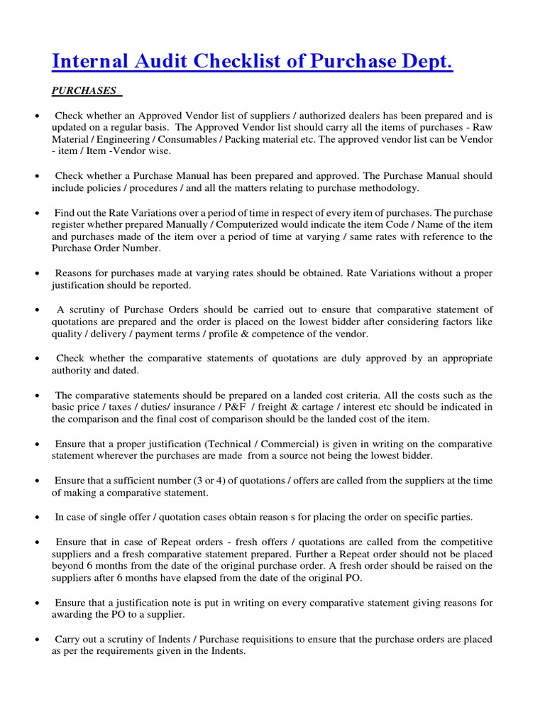 Purchase Audit Checklist | Download Free PDF | Audit | Business Economics