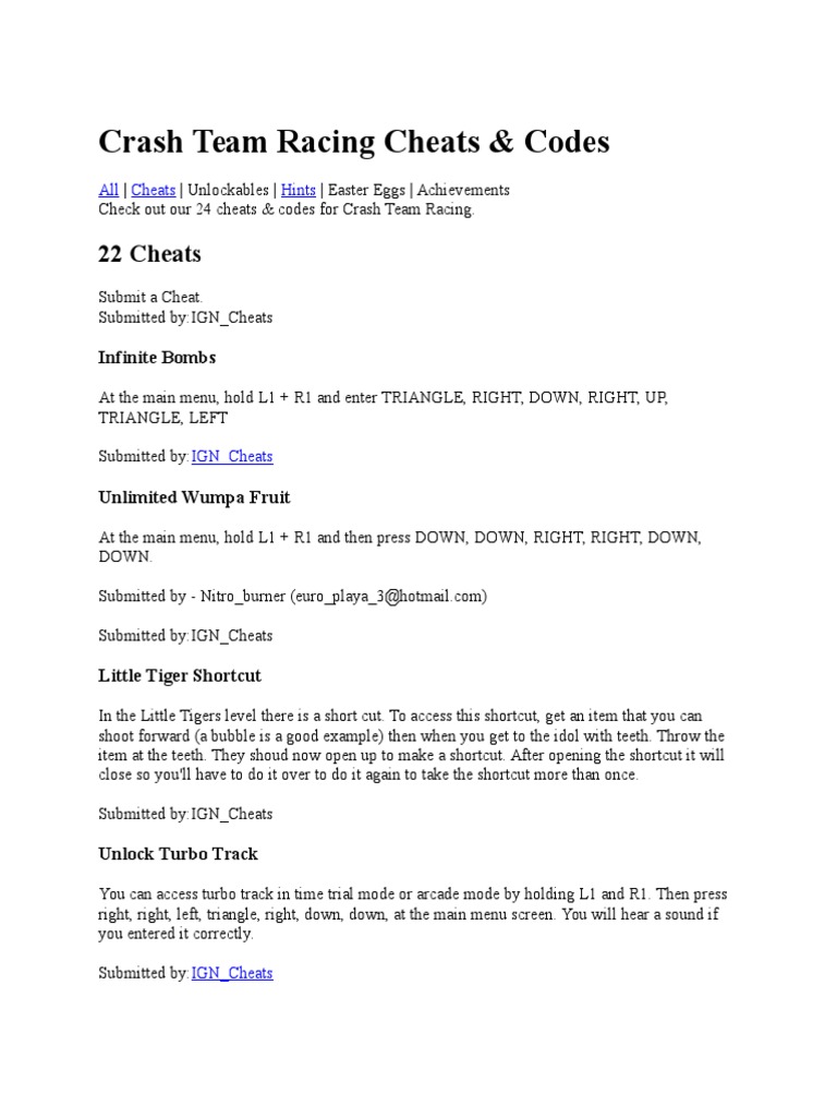 Crash Team Racing Cheats | PDF | Cheating In Video Games | Gaming