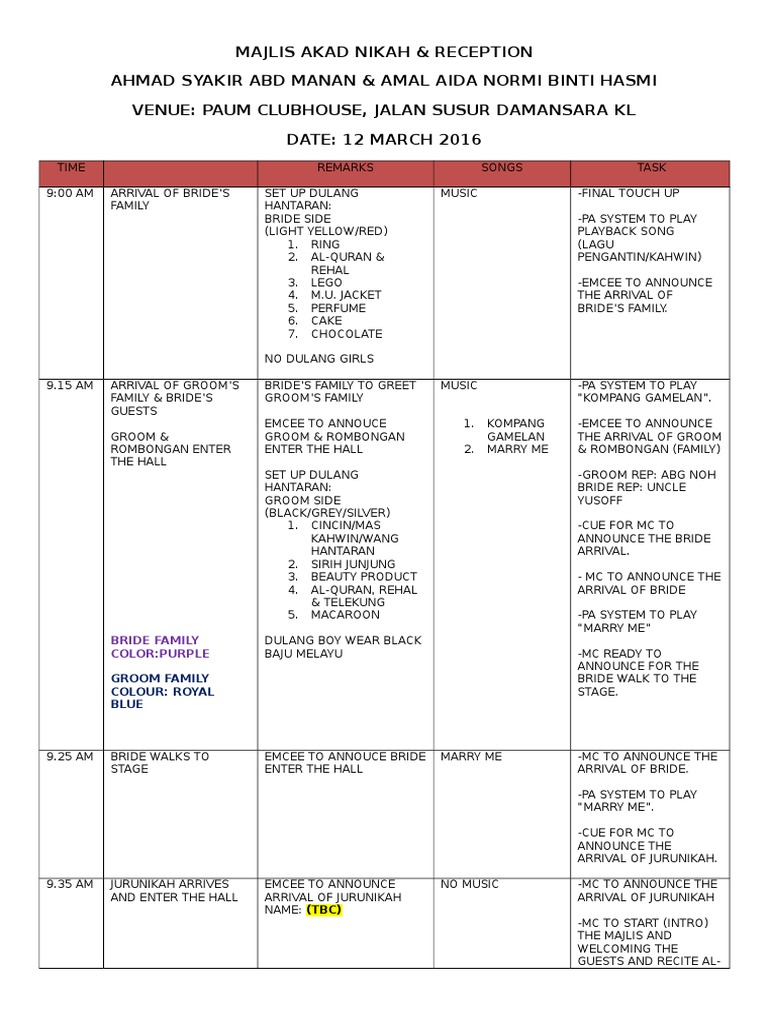 Sample Malay Wedding Ceremony Program Flow | PDF | Bride | Rites Of Passage