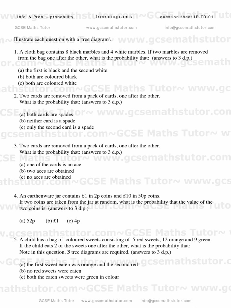 GCSE Probability Tree Diagrams Worksheet | PDF | Leisure | Teaching ...