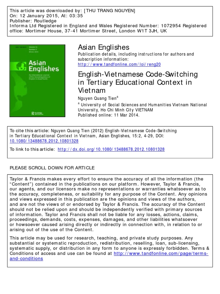 English-Vietnamese Code-Switching in Tertiary Educational Context in Vietnam | PDF | Second ...