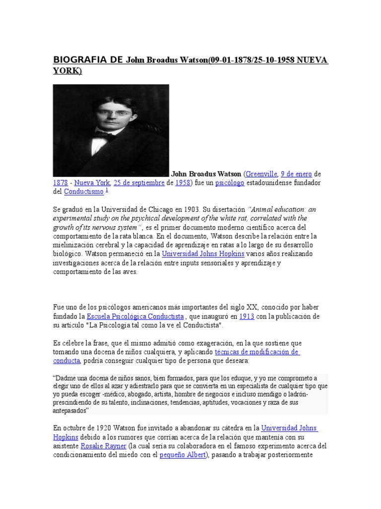 Biografia de John Broadus Watson Pendiente | PDF | Conceptos ...