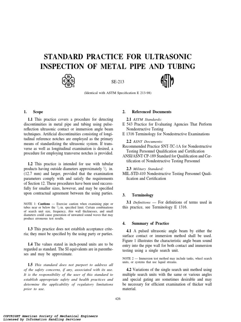 Standard Practice For Ultrasonic Inspection of Metal Pipe and Tubing ...