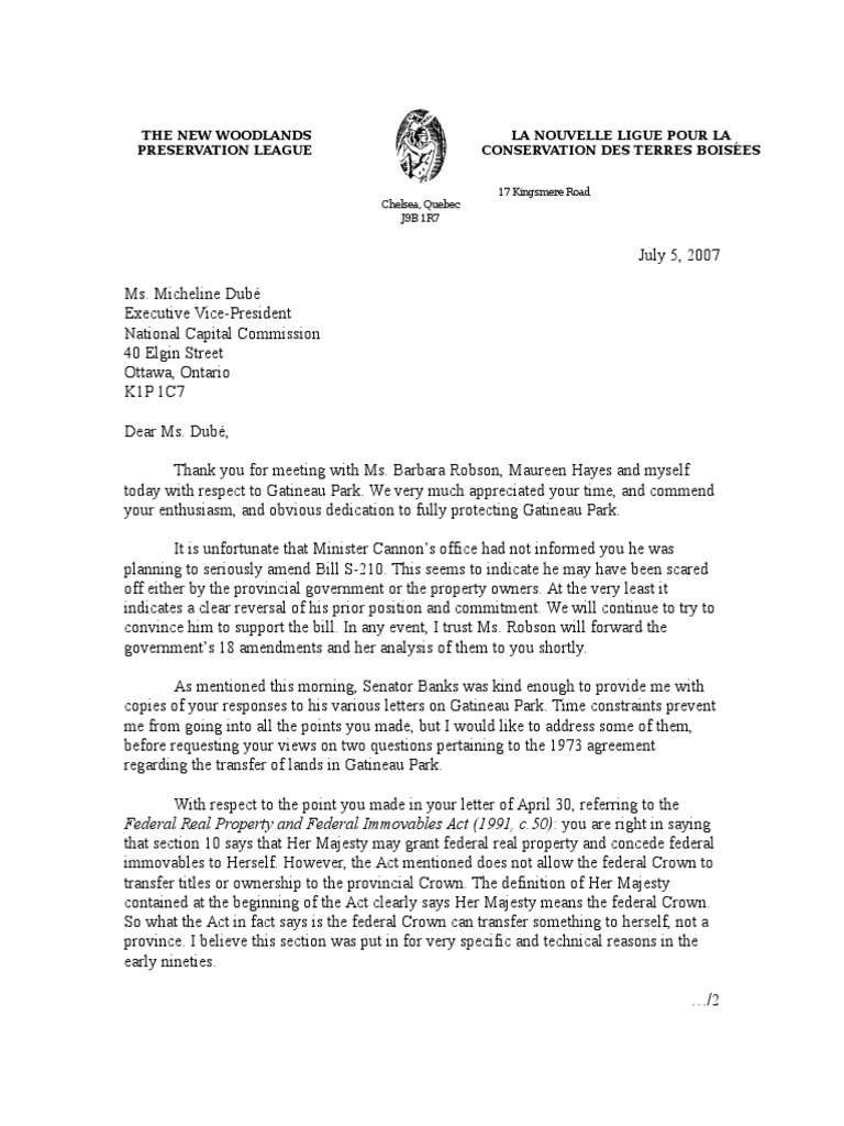 Letter To NCC Acting CEO/Quebec Lands in Gatineau Park | PDF | The ...