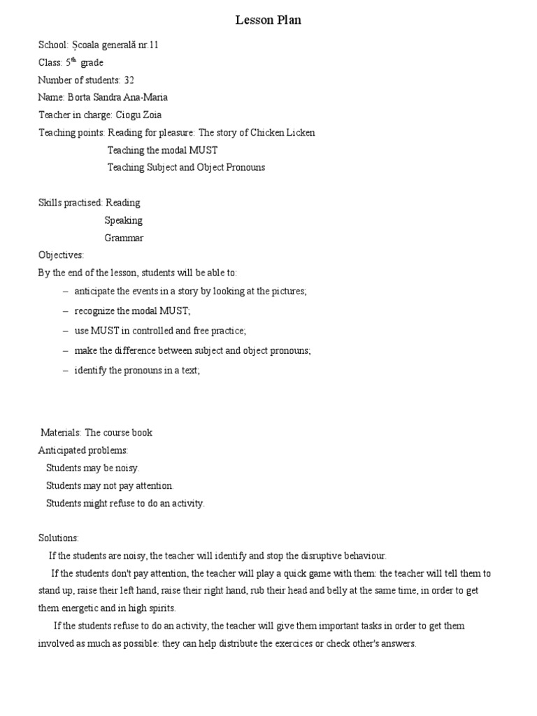 Chicken Licken Lesson Plan | PDF | Chicken | Subject (Grammar)