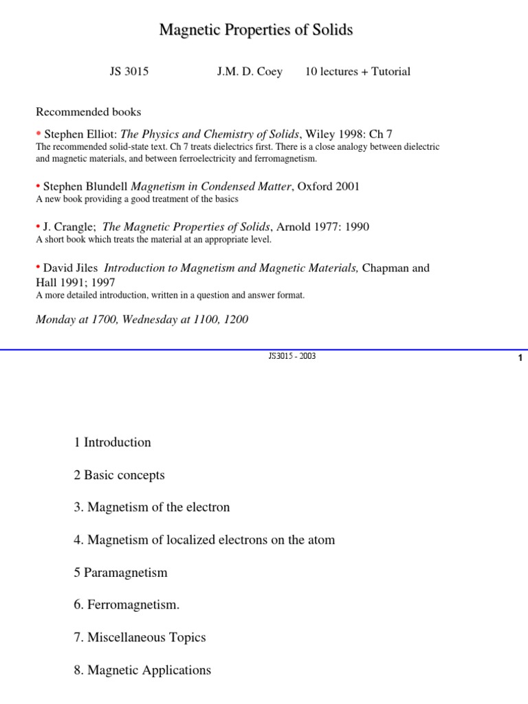 Lecture Magnetism in Solids-Trinity College-JS3015 | PDF | Spin ...