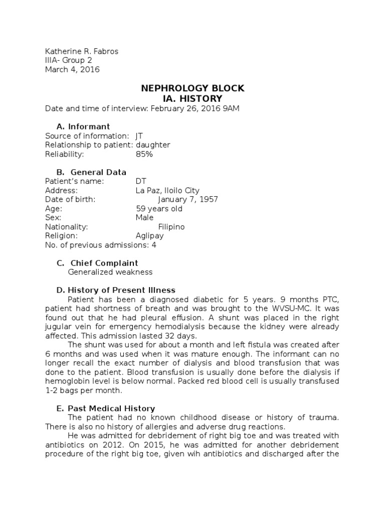 Nephrology Block Ia. History: A. Informant | PDF | Dialysis | Hemodialysis