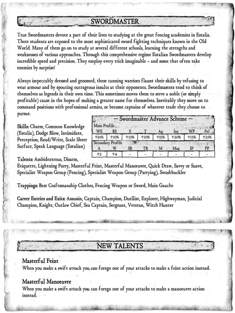 Swordmaster Career For WFRP 2ed | PDF