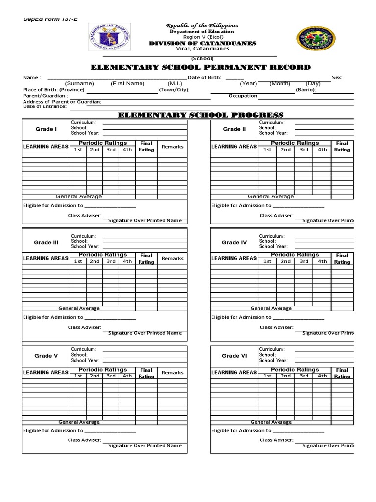 Elementary School Permanent Record Form | PDF