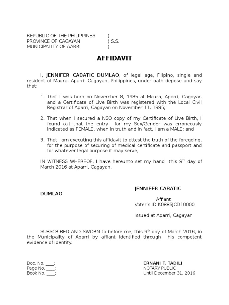 Affidavit of Discrepancy in Gender | PDF | Affidavit | Legal Procedure