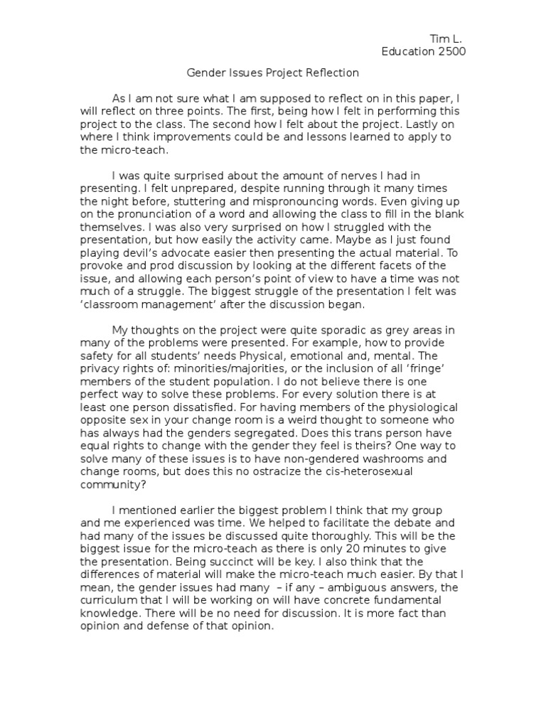 Gender Issues Project Reflection | PDF | Gender | Gender Studies