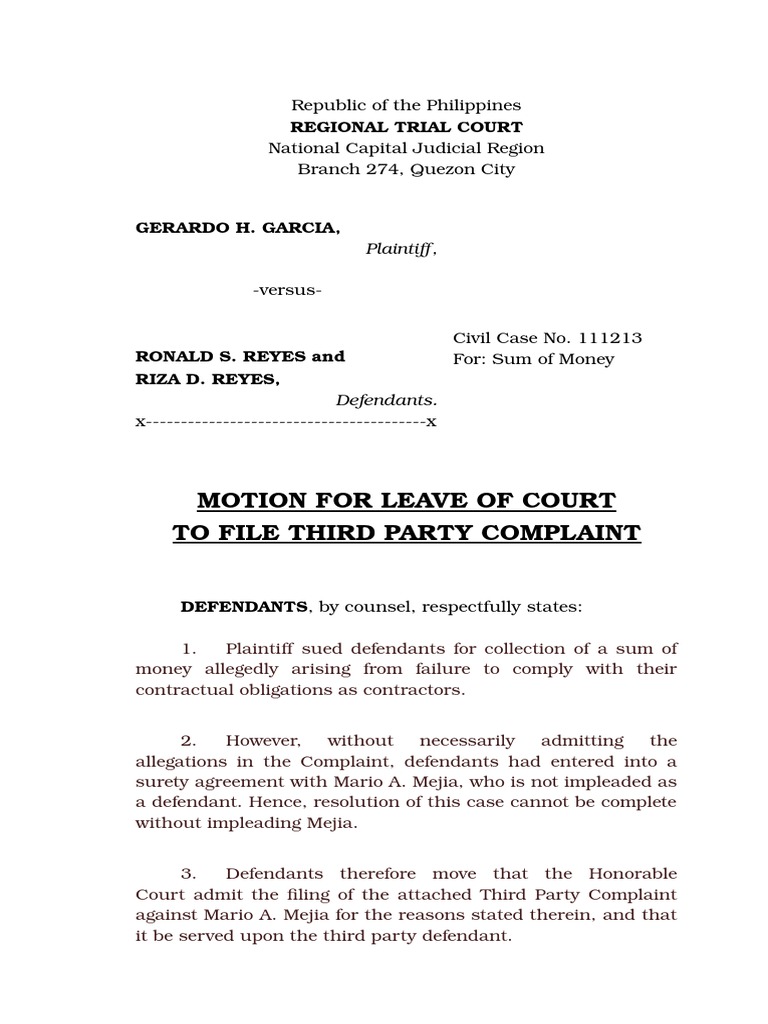 Sample Motion | Lawsuit | Complaint