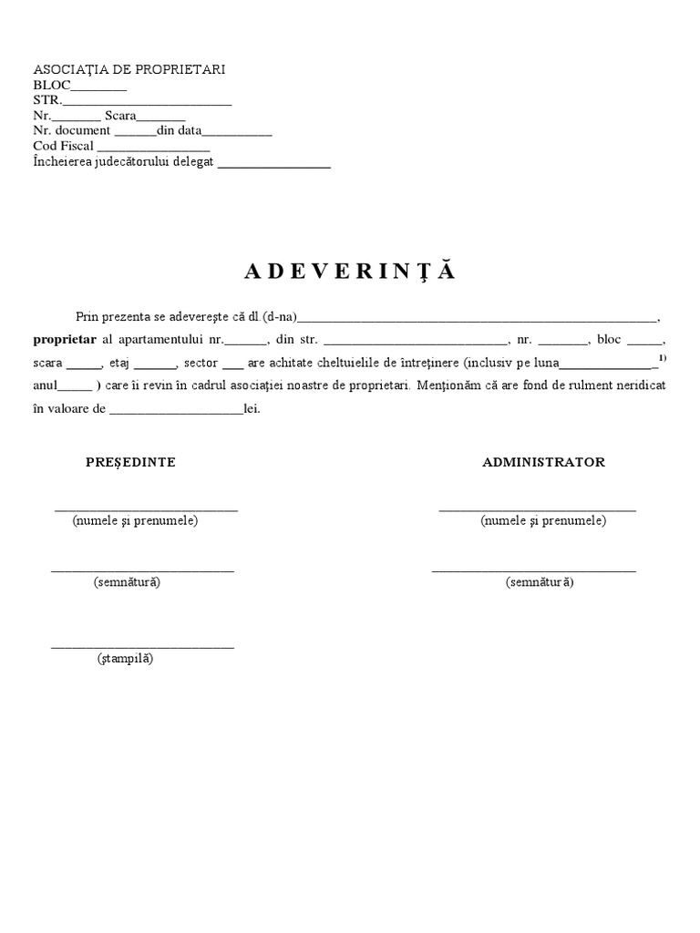 Adeverinta Asociatie Proprietari | PDF