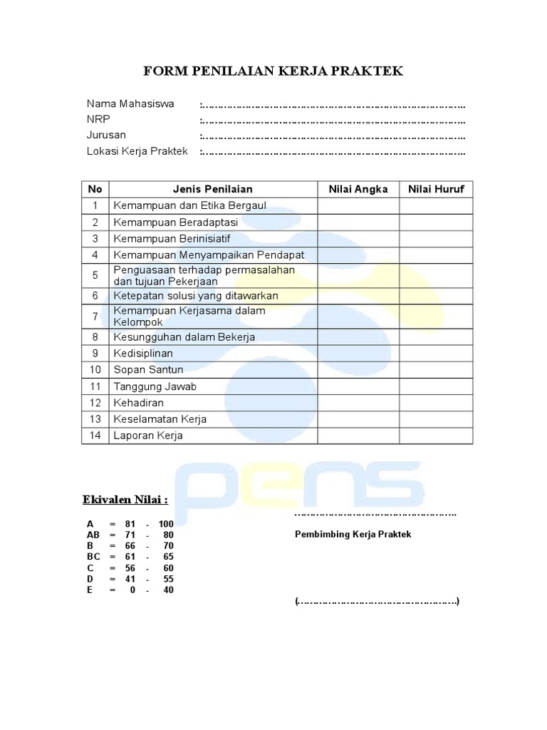 Form Penilaian Kerja Praktek | PDF