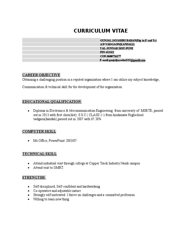 Curriculum Vitae: Career Objective | PDF