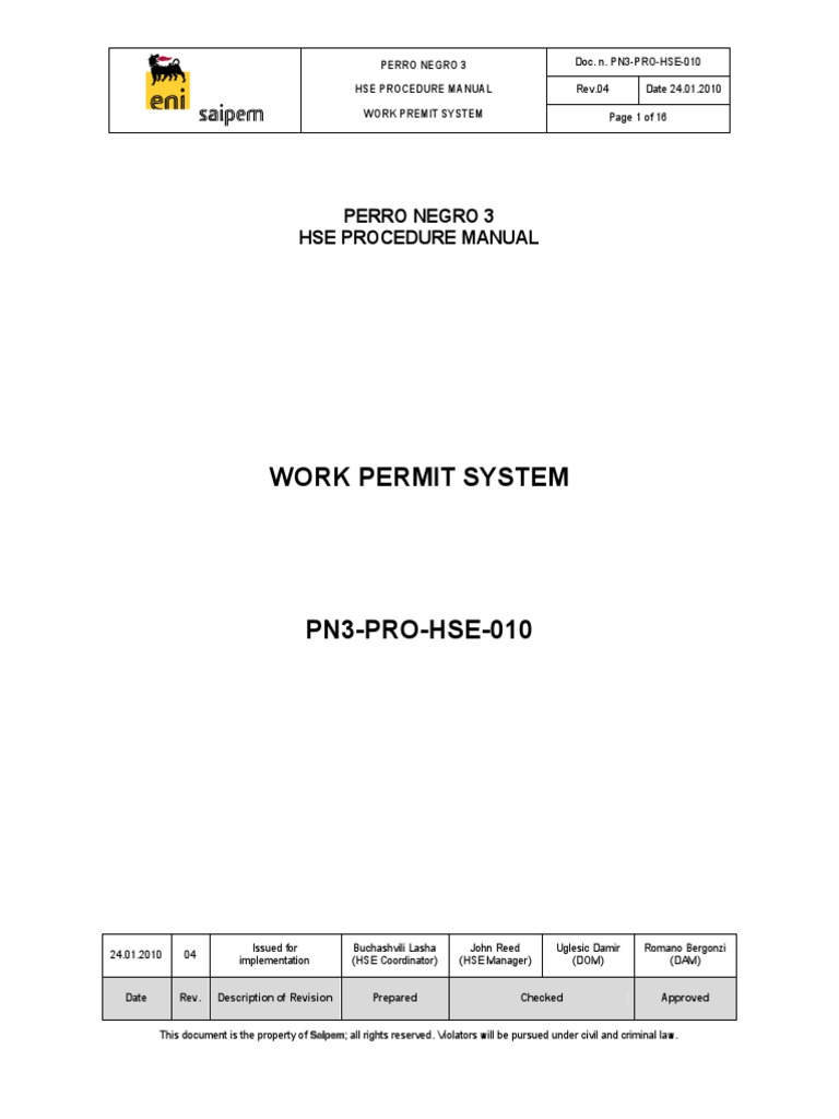 PN3-PRO-HSE-010 Work Permit System - Rev 04 | PDF | Nature
