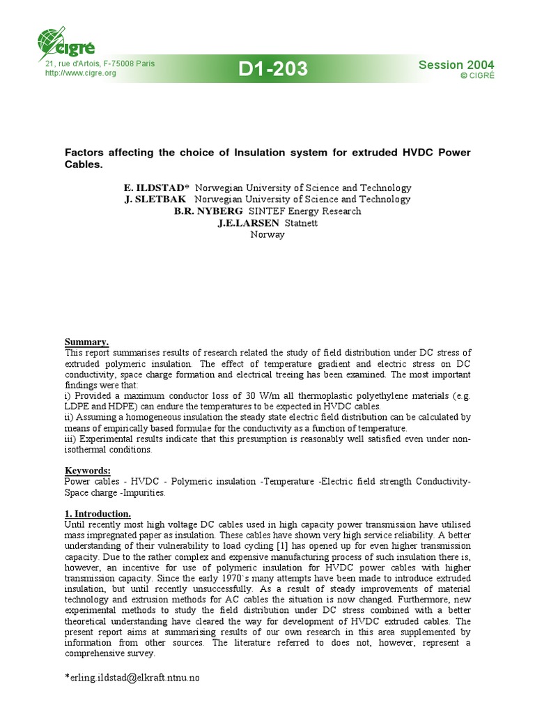 Factors Affecting The Choice of Insulation System For Extruded HVDC ...