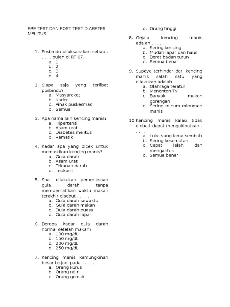 Pre Test Dan Post Test Diabetes Melitus | PDF