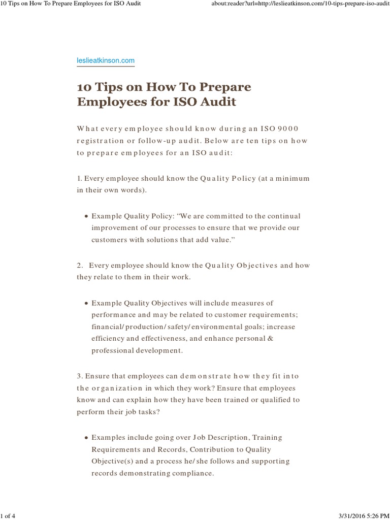 10 Tips On How To Prepare Employees For ISO Audit | PDF | Audit ...