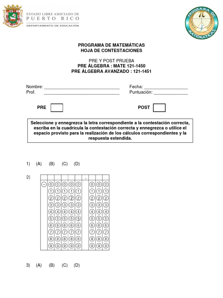 Hoja de Contestaciones Pre Algebra PDF | PDF