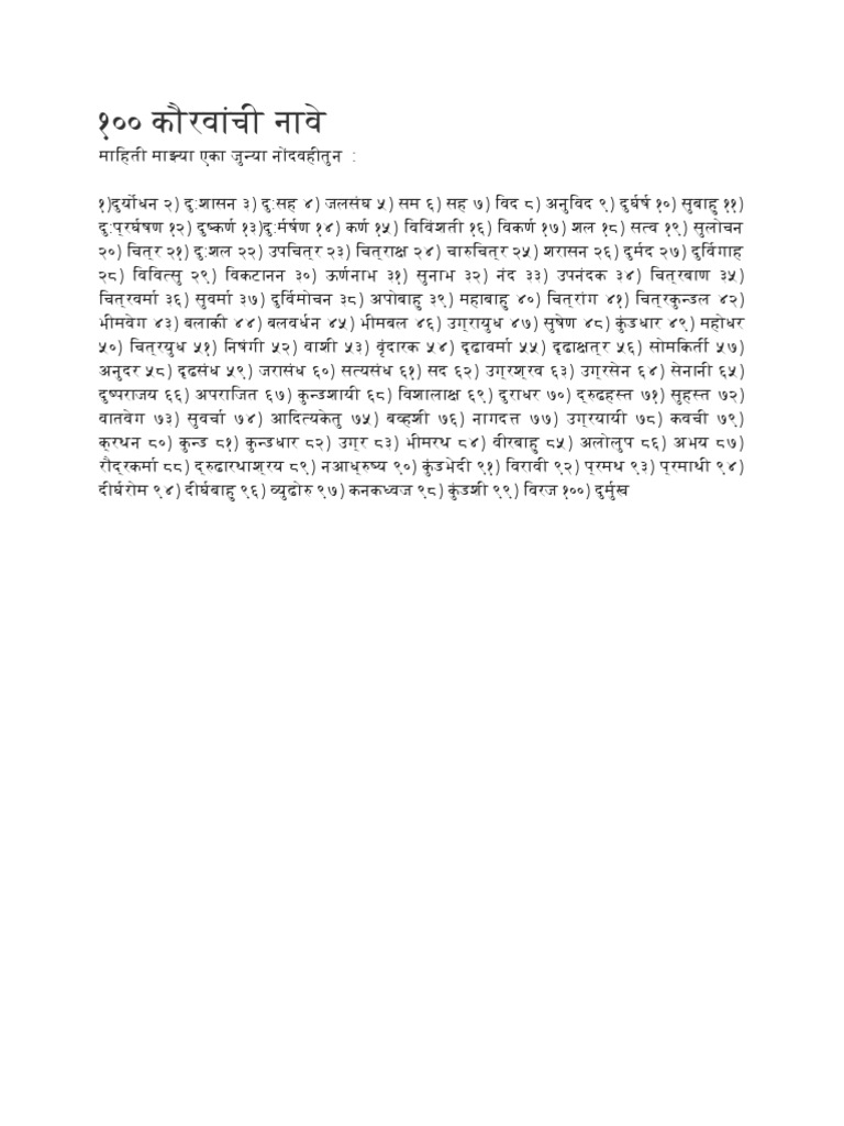 Names of 100 Kauravas | PDF