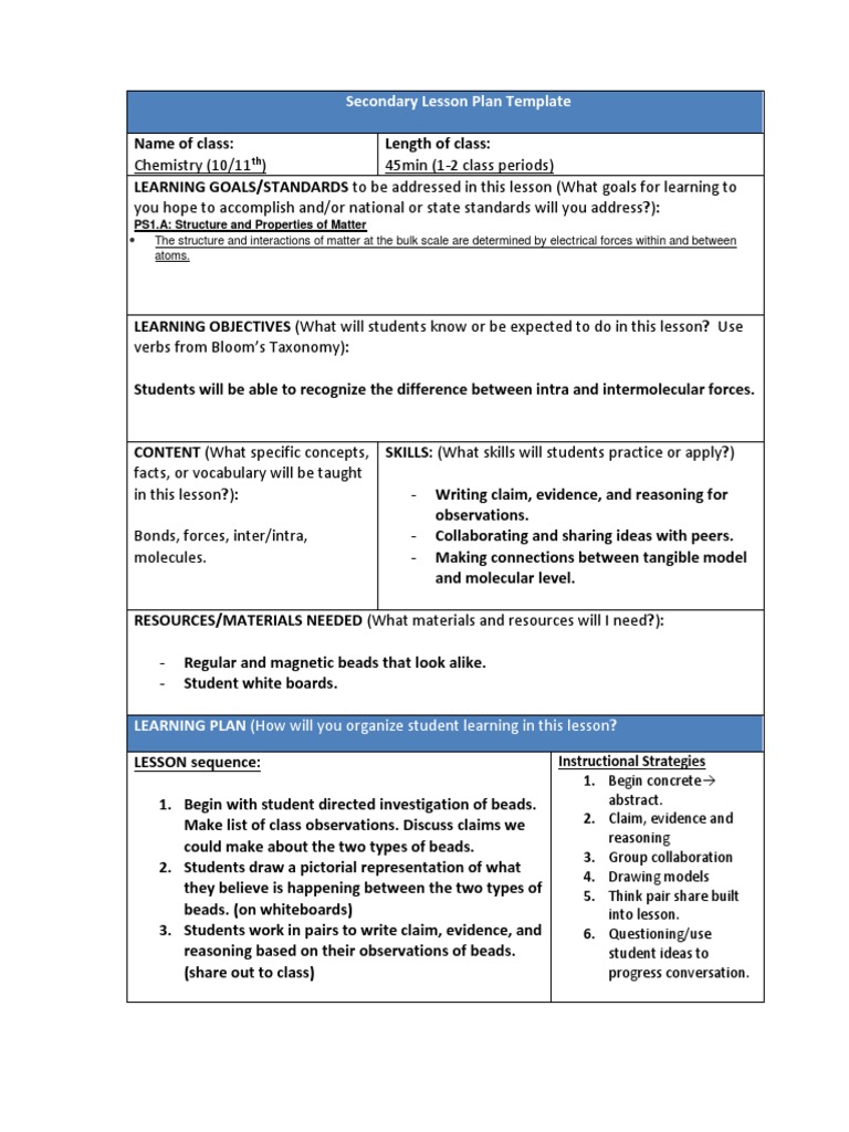 Standard 8 Lesson Plan | PDF | Covalent Bond | Intermolecular Force