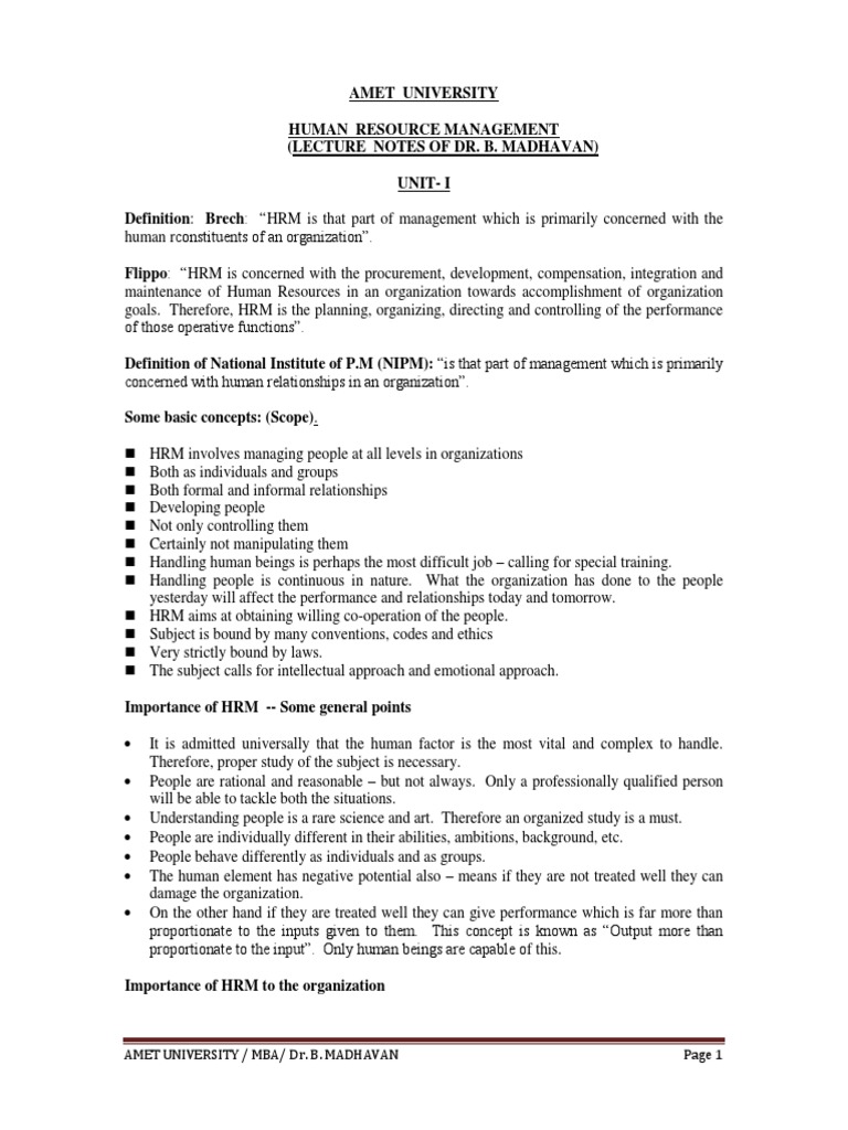HRM MBA NOTES Unit - I PDF | Human Resource Management | Performance ...