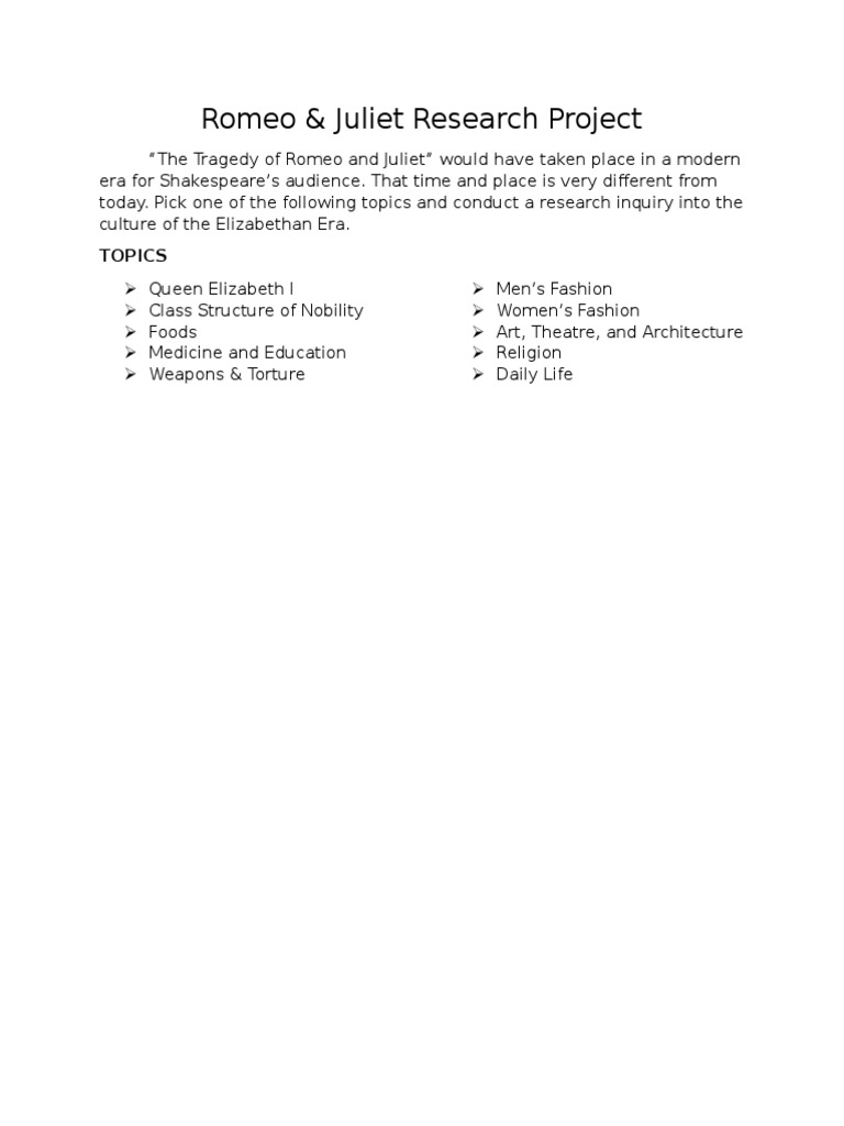 Elizabethan Era Research Project Guide | PDF