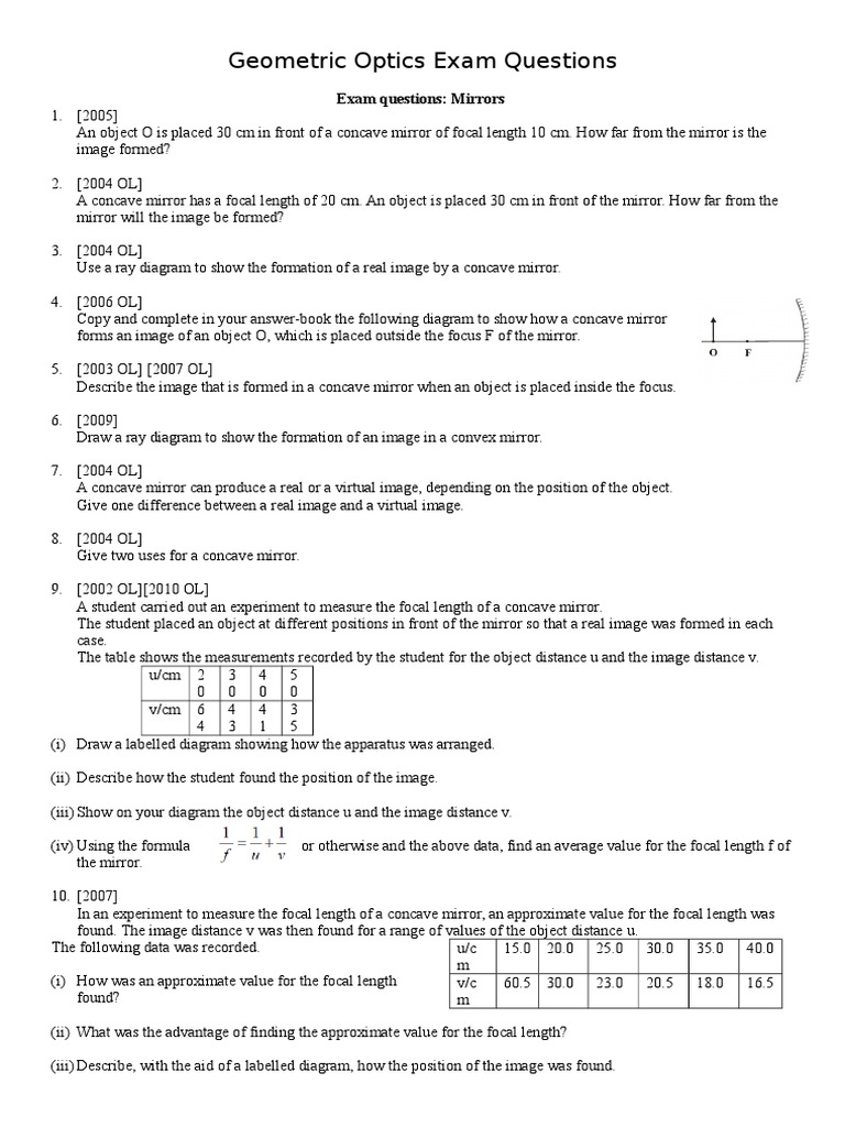 Geometric Optics Exam Questions | PDF | Lens (Optics) | Refraction