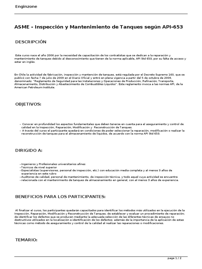 Capacitación en inspección y mantenimiento de tanques de acuerdo a la norma API 653 | PDF ...
