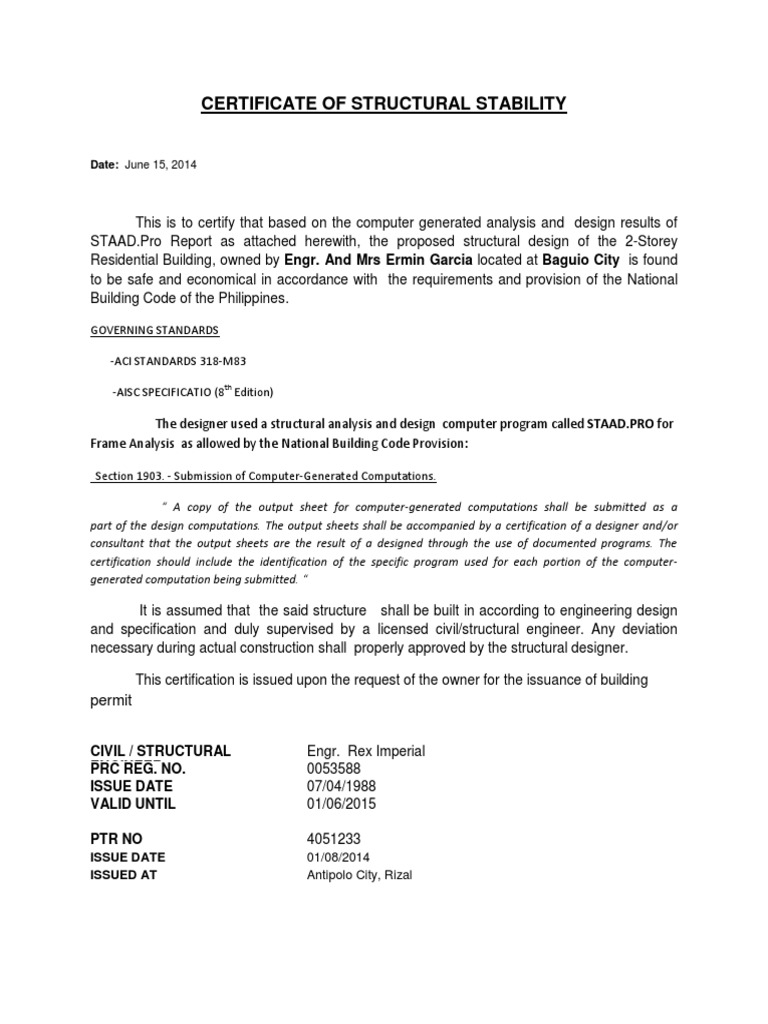 Certificate of Structural Stability | Specification (Technical Standard ...