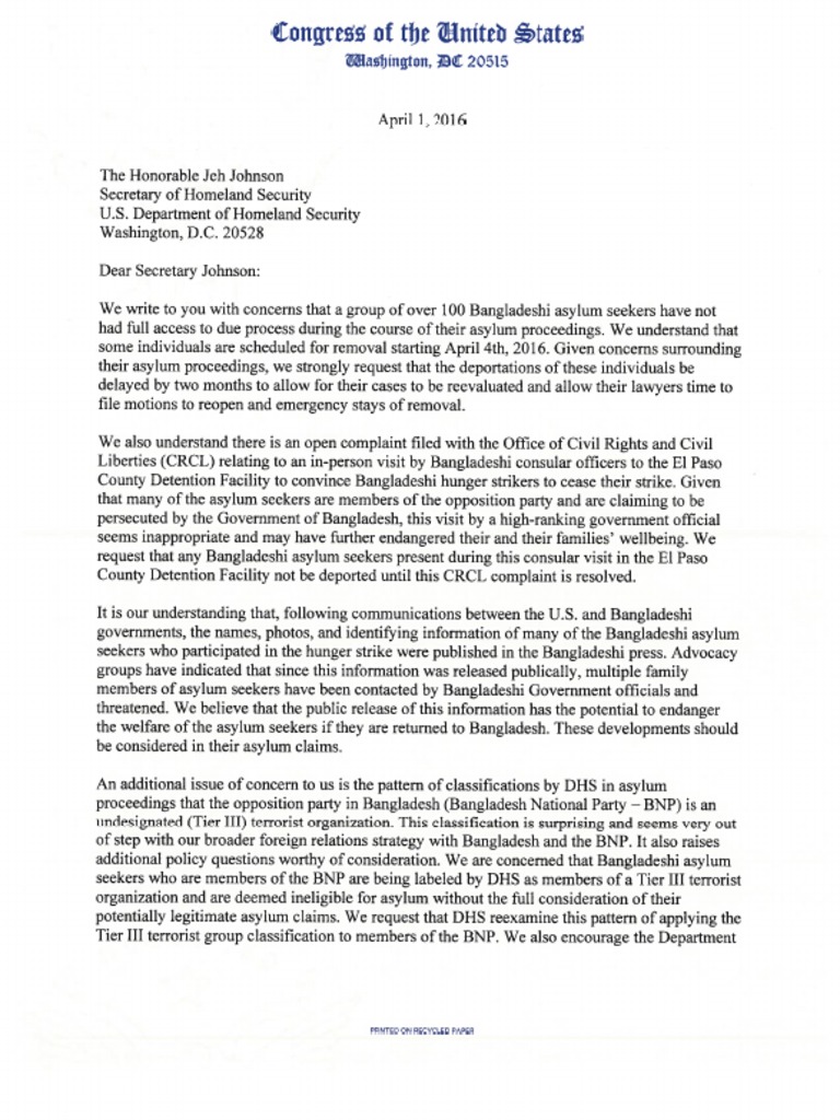 Letter To DHS On Bangladeshi Asylum Seekers | PDF | United States ...