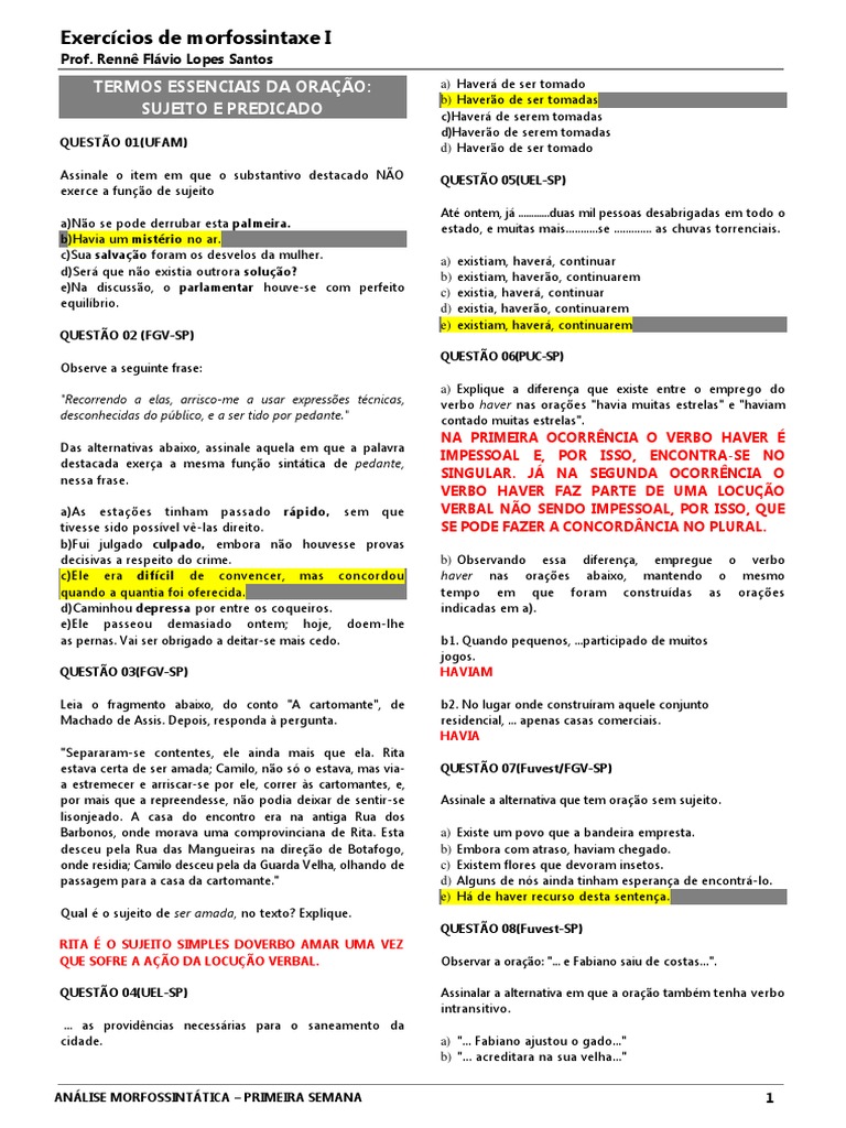 Exercícios de Morfossintaxe | Predicado (Gramática) | Assunto (Gramática)