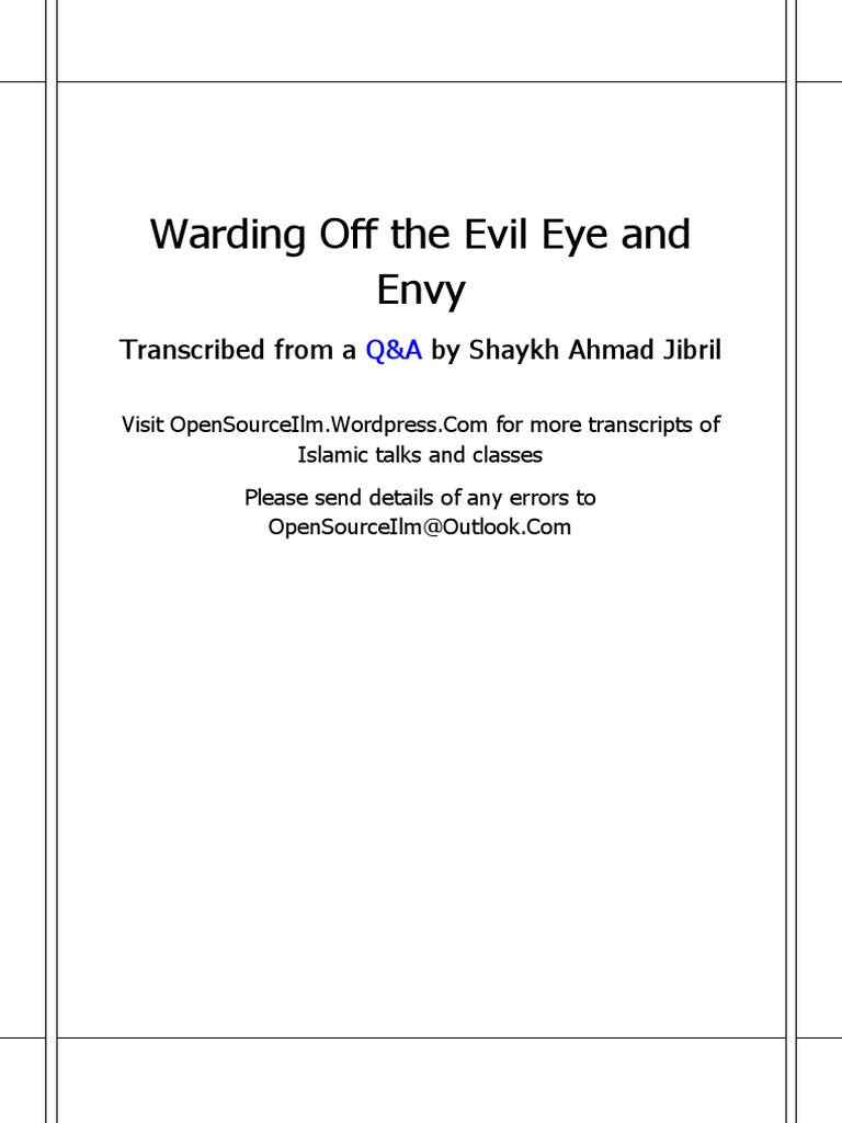 Warding Off The Evil Eye and Envy by Shaykh Ahmad Jibril | PDF ...