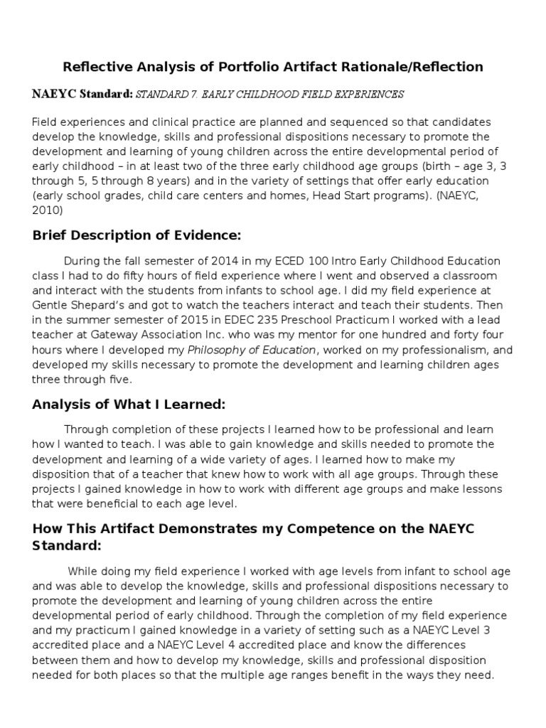 Standard 7 Artifact Rational Reflection | PDF | Early Childhood ...