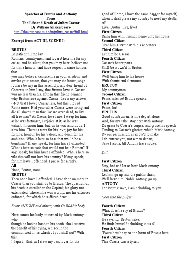 7b Shakespeare Speeches of Brutus and Anthony | PDF | Julius Caesar | Mark Antony