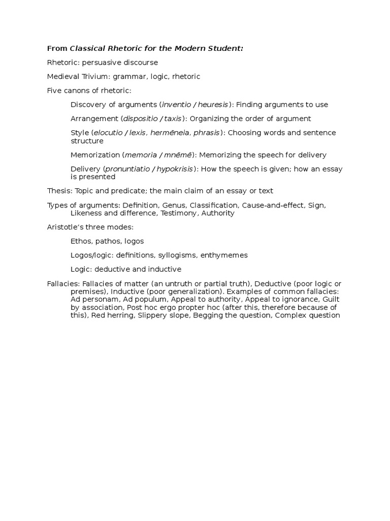 From Classical Rhetoric For The Modern Student | PDF | Rhetoric | Fallacy
