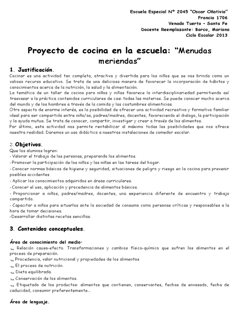Proyecto de Cocina Escolar "Menudas Meriendas" | PDF | Alimentos | Postres