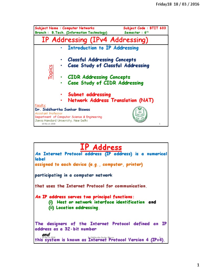BTIT CN Unit - 1 - IP Addressing | PDF | Ip Address | Data Transmission