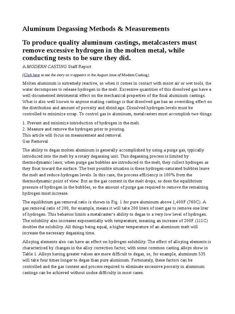 Aluminium Degassing | PDF | Casting (Metalworking) | Aluminium