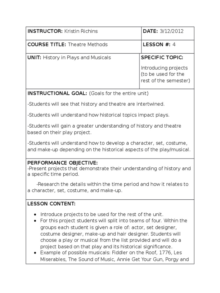 Lesson Plan #4 | PDF | Costume Design | Musical Theatre