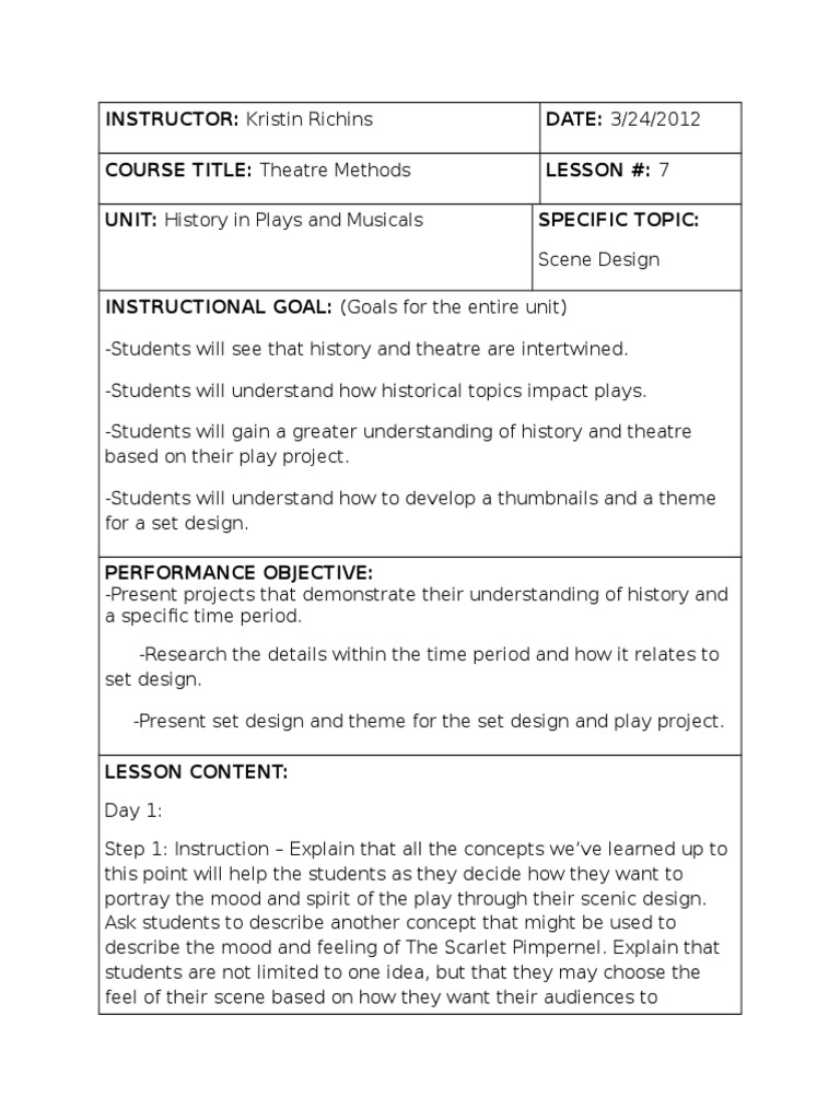 INSTRUCTOR: Kristin Richins DATE: 3/24/2012 COURSE TITLE: Theatre ...