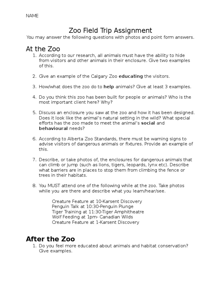 Zoo Field Trip Assignment | PDF | Science & Mathematics