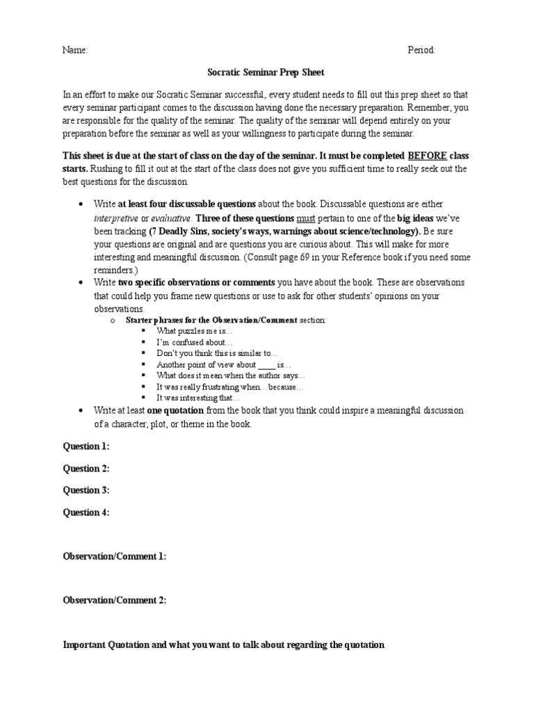 Socratic Seminar Prep Sheet JP | PDF | Truth | Cognition