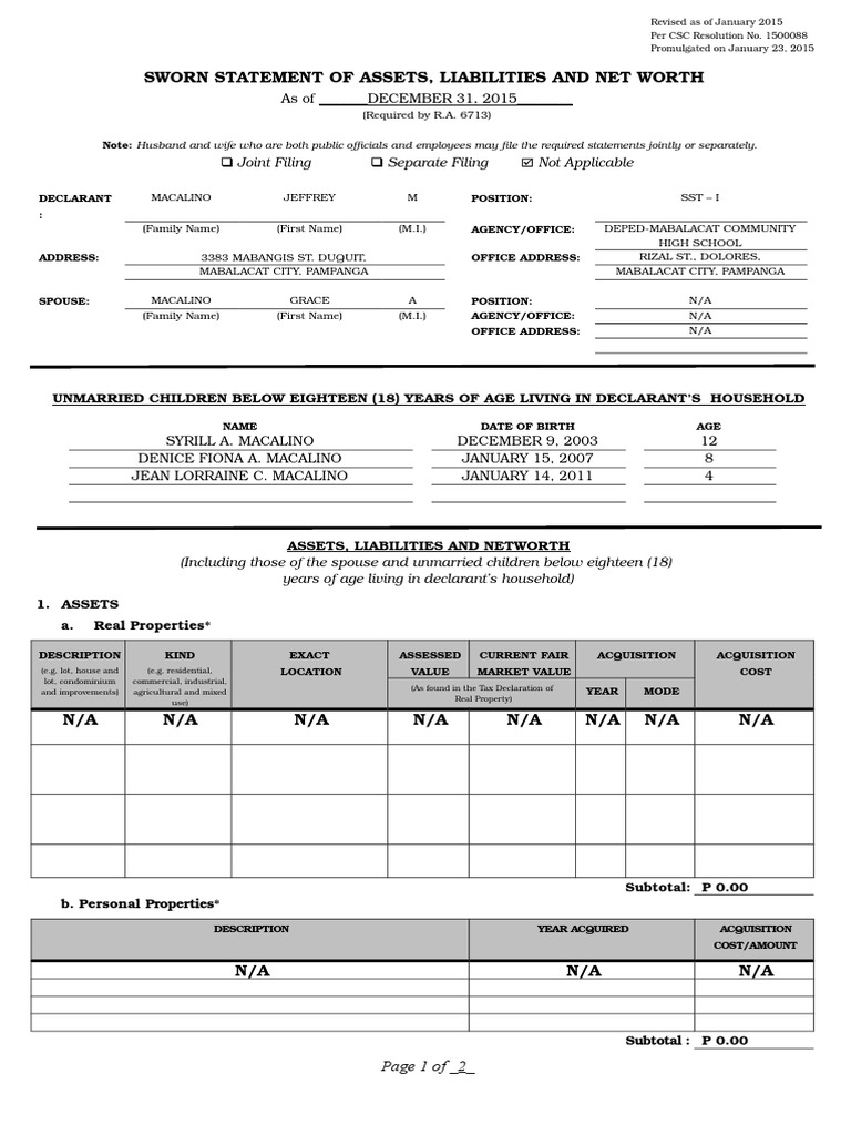 Sworn Statement Of Assets, Liabilities And Net Worth