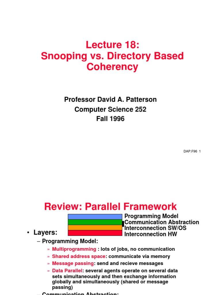 Snooping vs. Directory Based Coherency: Professor David A. Patterson Computer Science 252 Fall ...