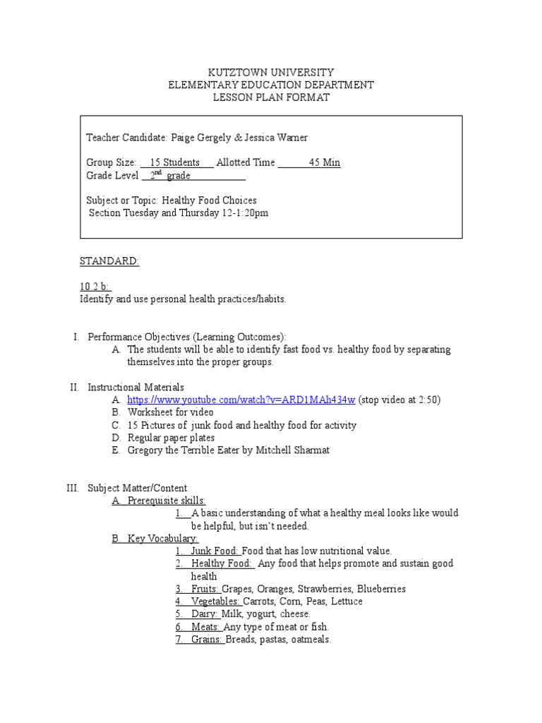 Healthy Eating Lesson Plan | PDF | Healthy Diet | Junk Food