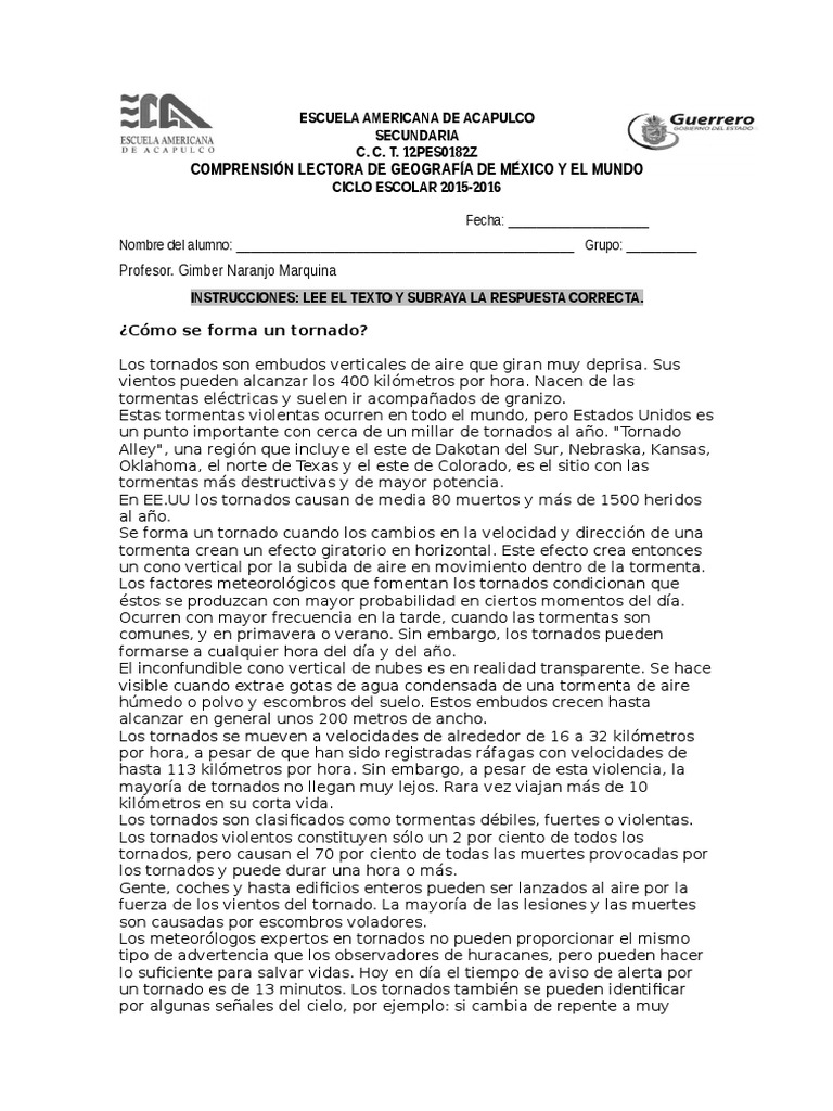 Comprension Lectora Geogafía | PDF | Tornados | Tormentas